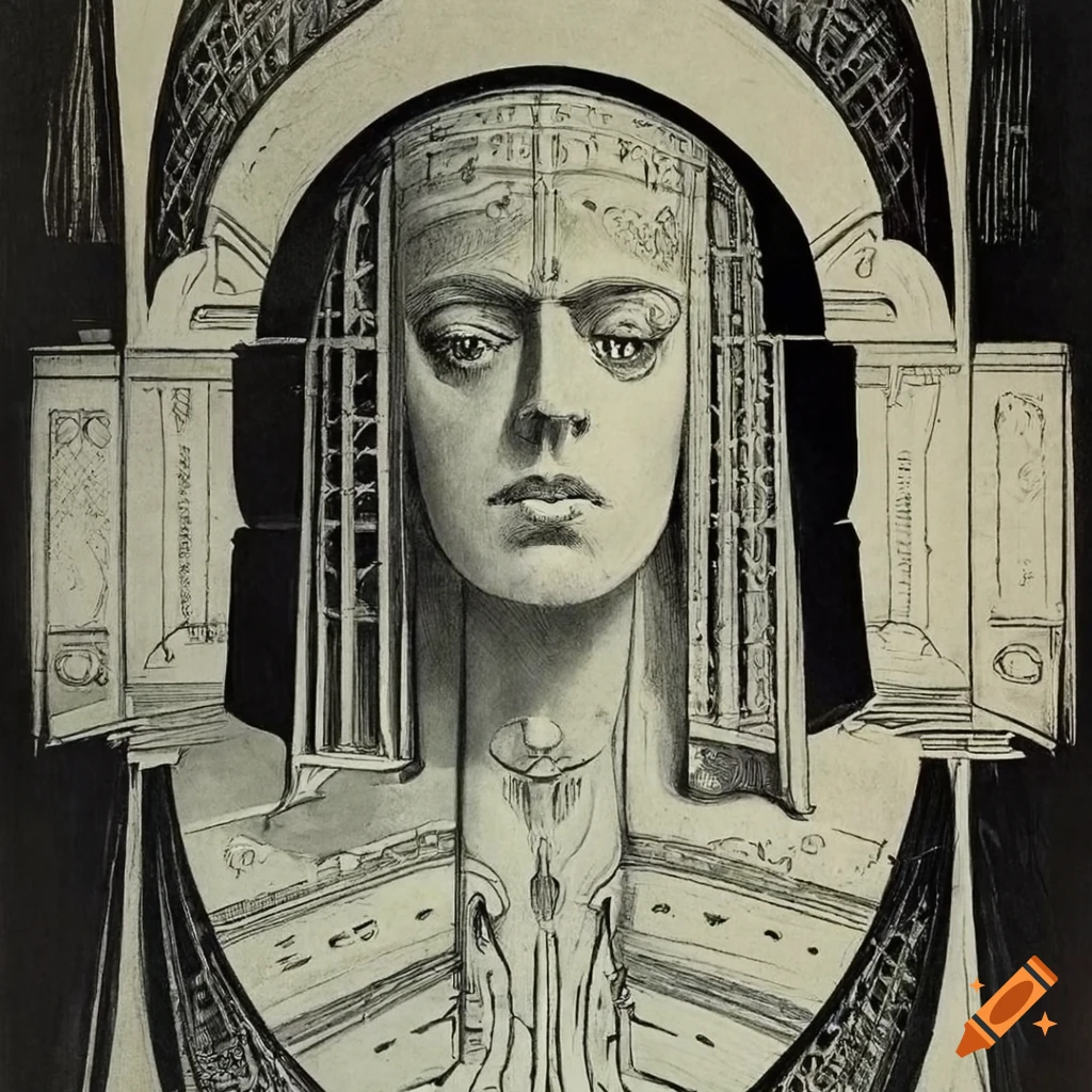 Retro vintage art, symmetrical,2d matte illustration, Stanisław ...