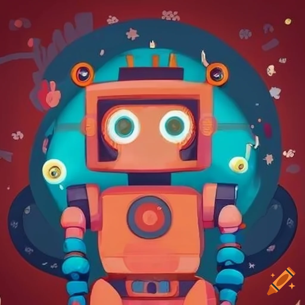 A print for kids featuring robots and spaceships