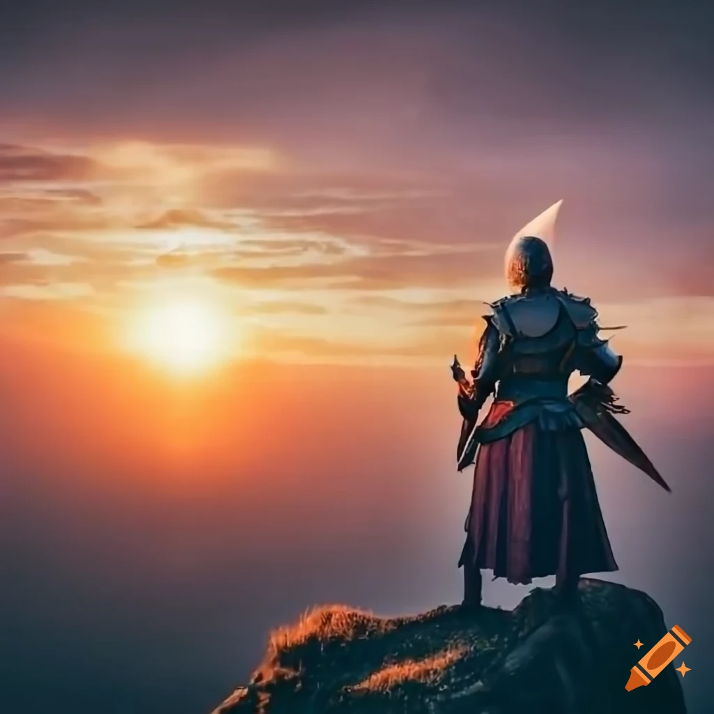 5 knight standing on a mountain, watching a sunrise in the distance ...