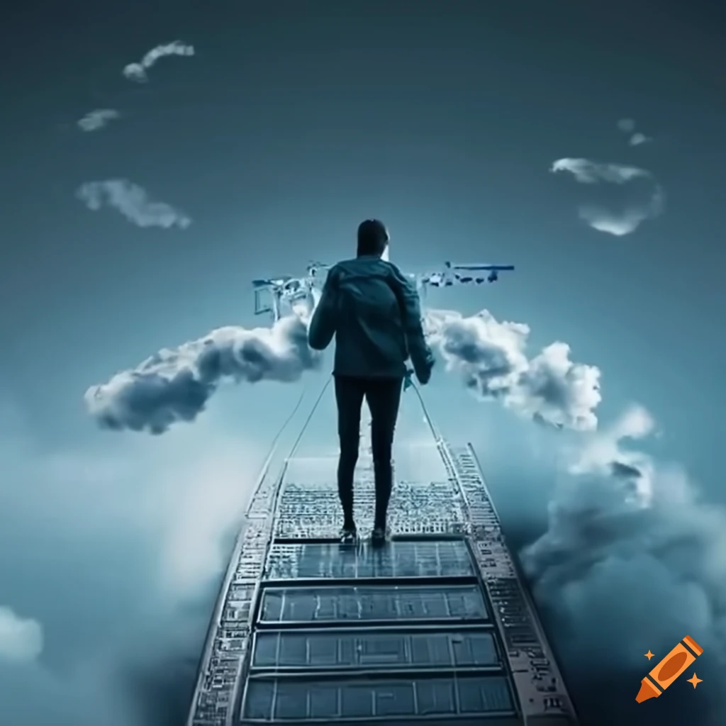 A person walking through a bridge that goes into a cloud with a desire ...