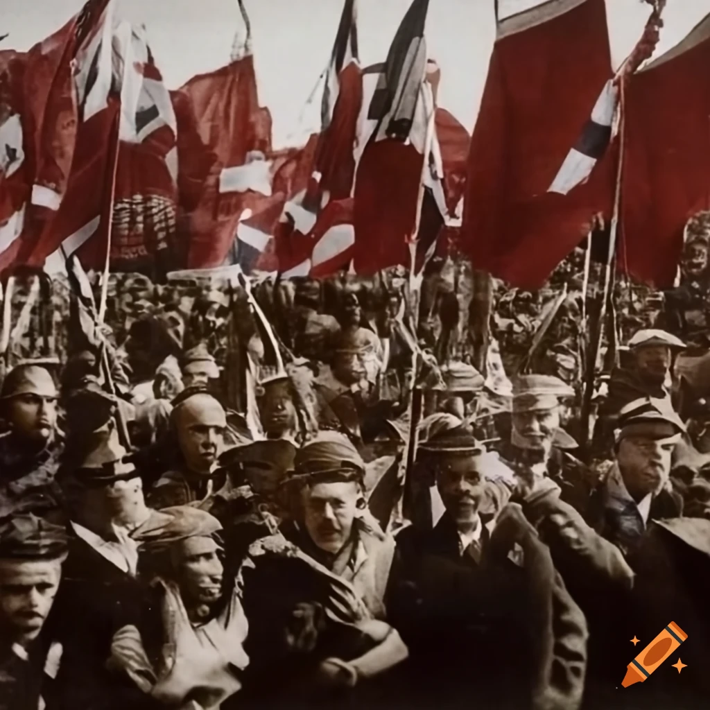Photo of a cheering crowd carrying flags for the creation of the ...