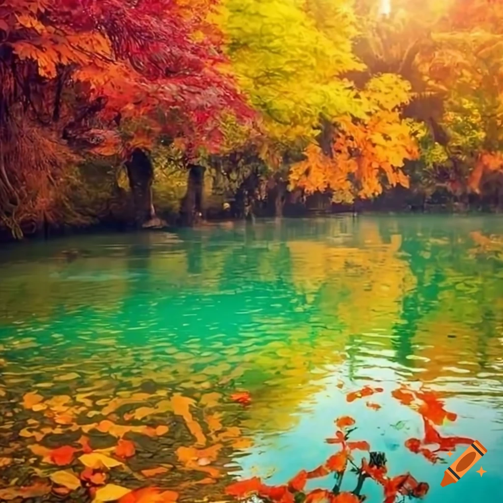 Vietnamese small pond with fishes in autumn season with colored trees ...