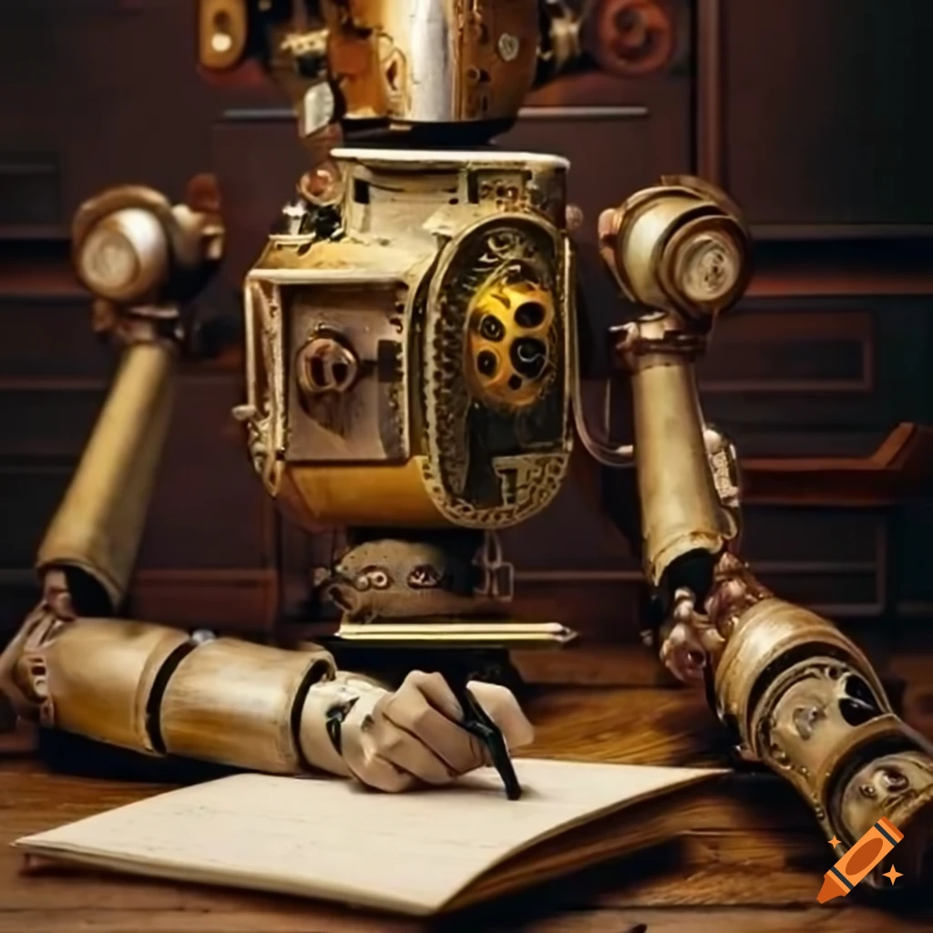 Steampunk robot writing books alone