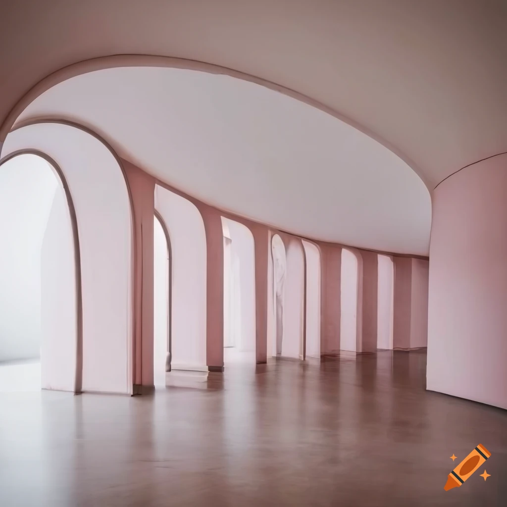 Abandoned curved white modern lobby with tattered pale pink curtains ...