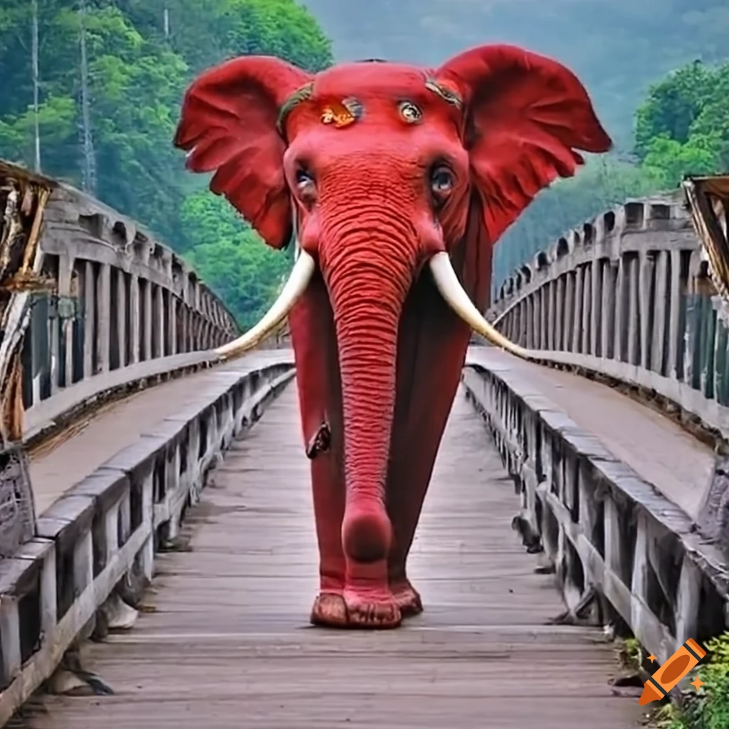 Red elephant crossing the bridge