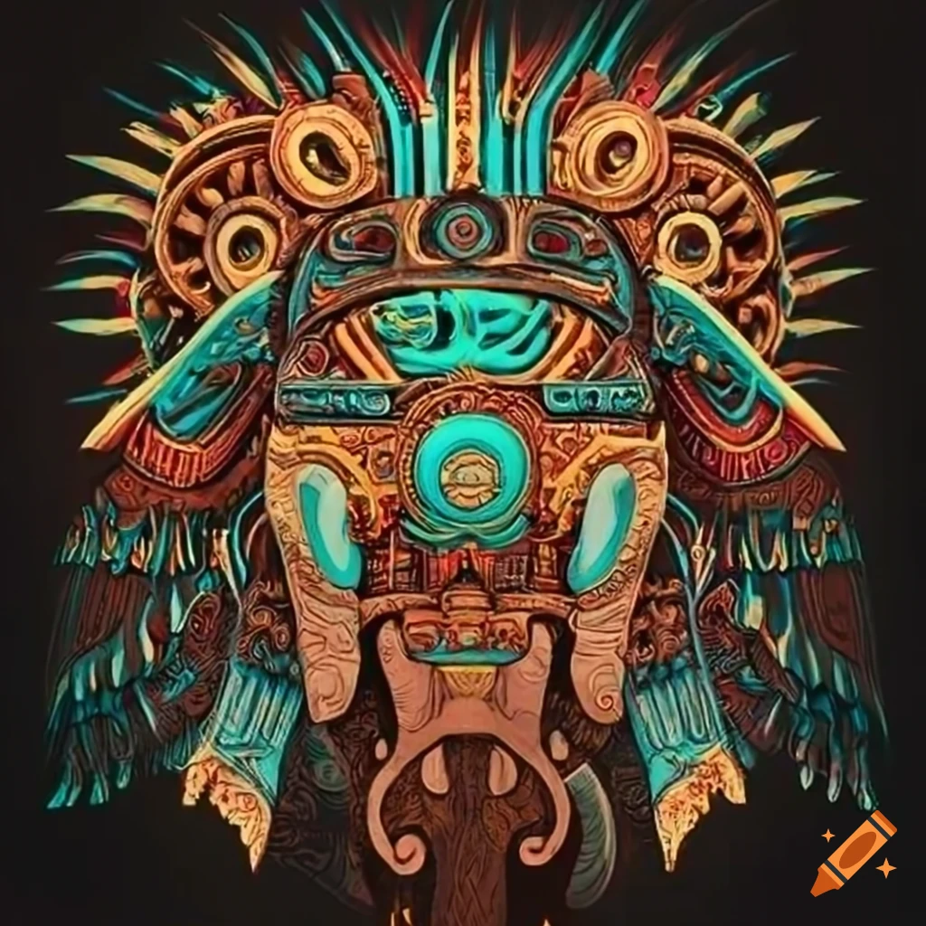 Aztec inspired artwork featuring a mechanical sun and elephants