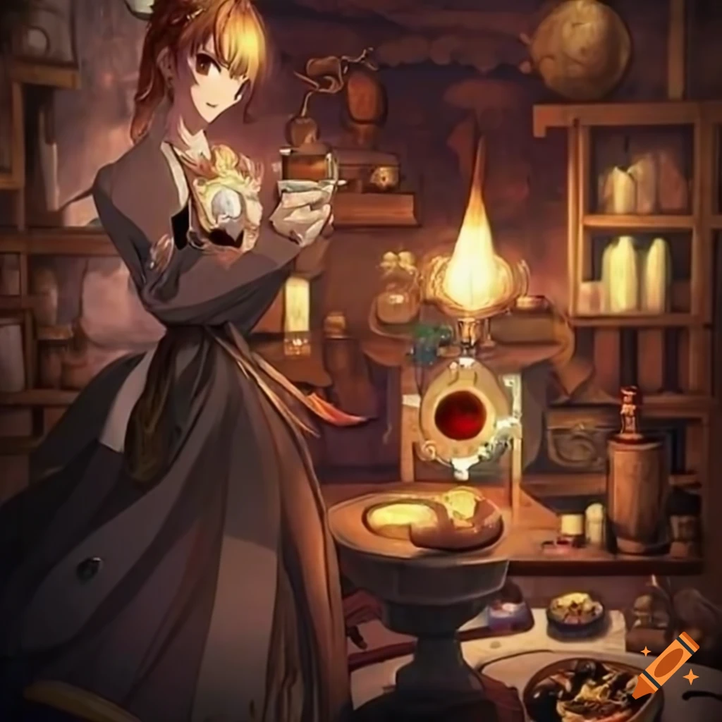 Alchemist performing alchemy in a lavish laboratory