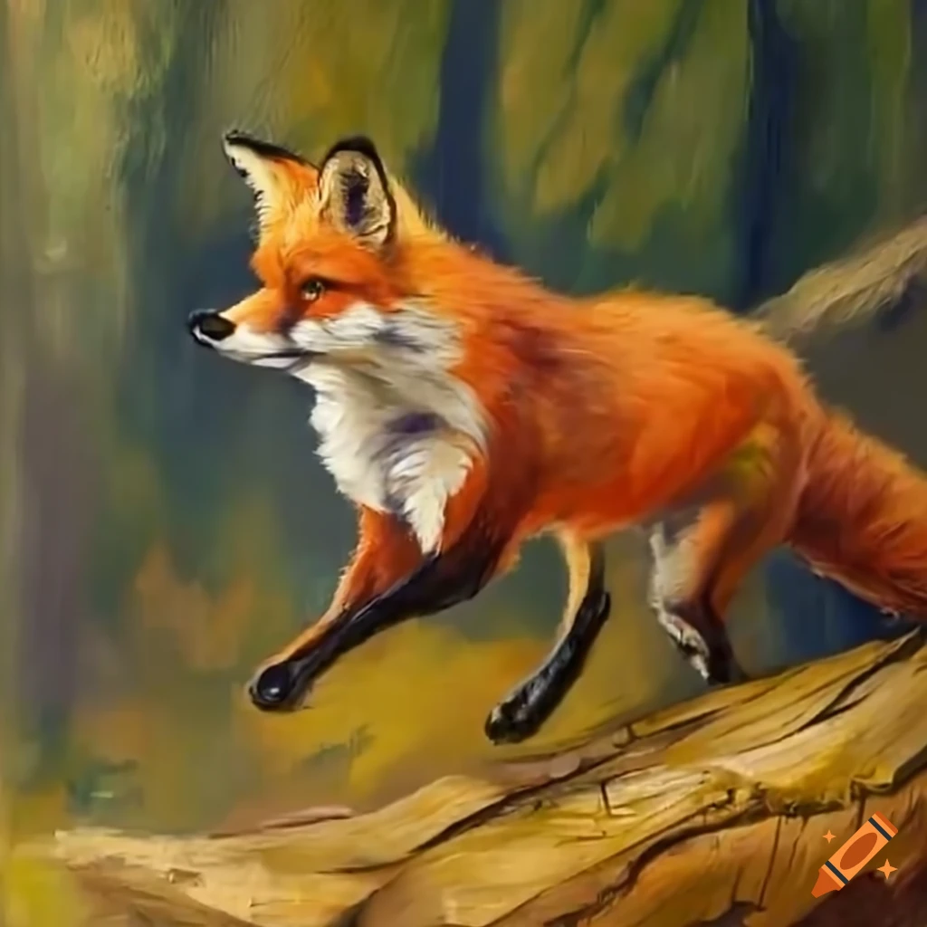 A graceful fox leaping over a fallen log in a forest clearing