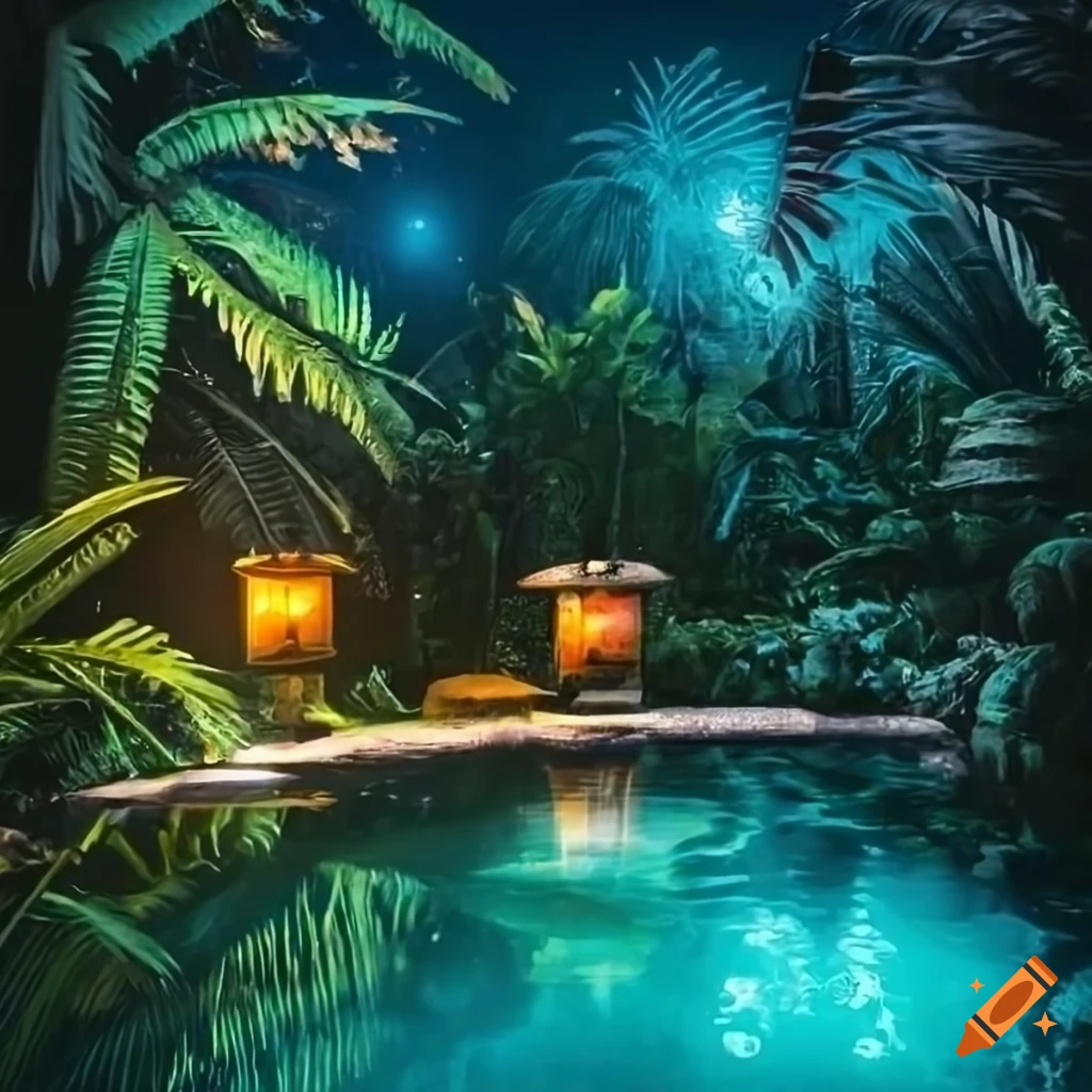 A night scene of a natural pool surrounded by a tropical garden and lit ...