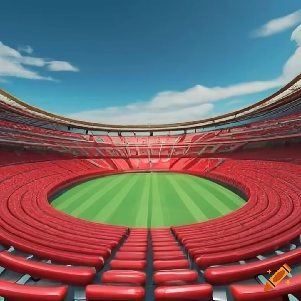 3D rendering of a round stadium with red seats overlooking a ...