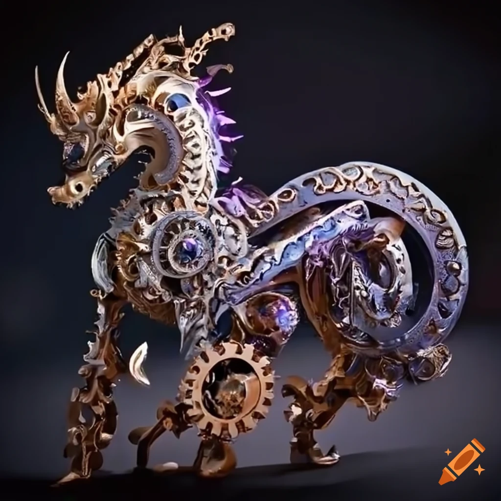 An intricate mechanical clockwork kirin covered in metallic filigree on ...