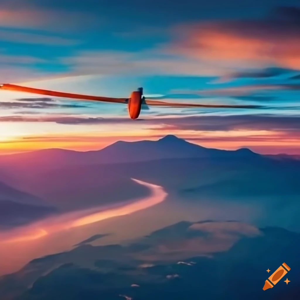 Glider aircraft flying over dramatic mountain landscape at sunset