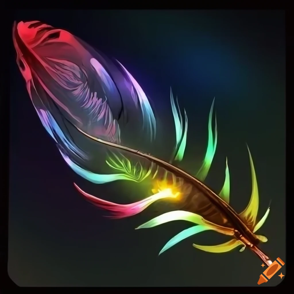 A shiny vibrant feather, made of molten glass. anime style on Craiyon