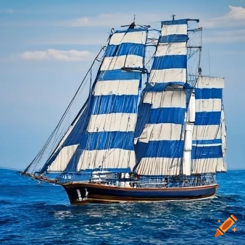 Blue and white striped naval colonial ship with blue and white stripped ...