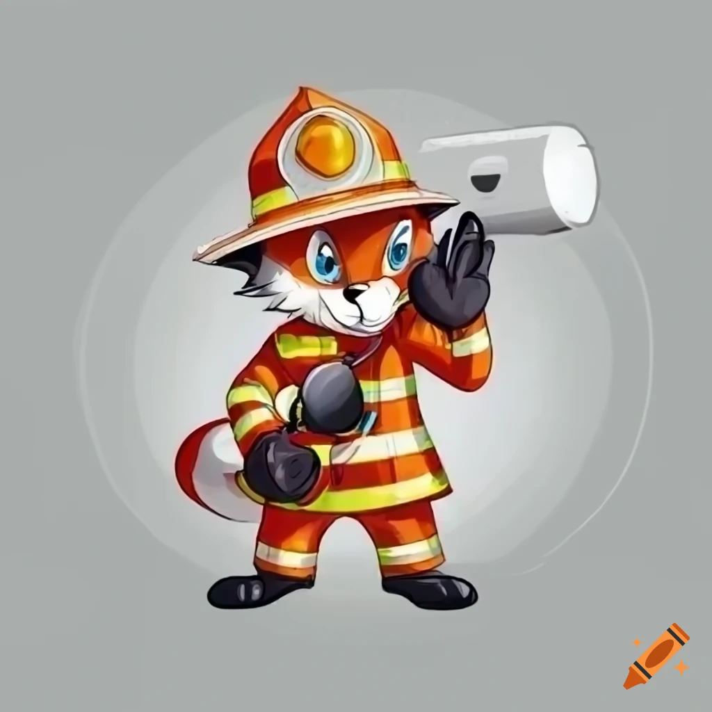 Cartoon fox firefighter holding a smoke detector on Craiyon