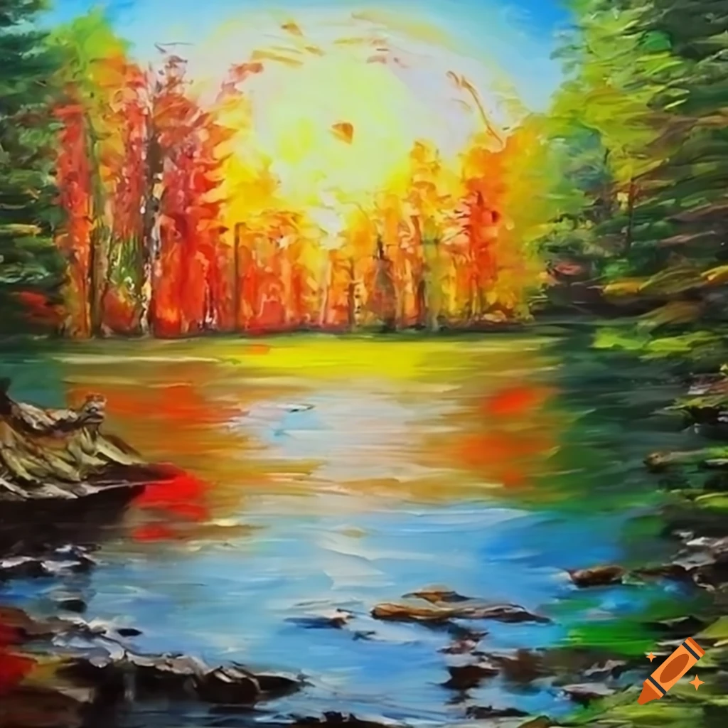 Big beautiful lake. forest. sun. oil painting. very detailed drawing ...
