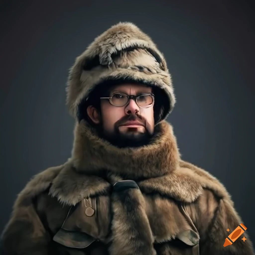 Portrait of a stoic soldier in a furry winter uniform coat on Craiyon