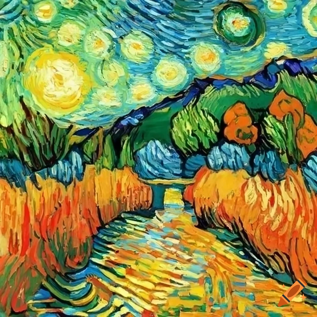 Paint a vibrant landscape with bold features in the style of vincent ...