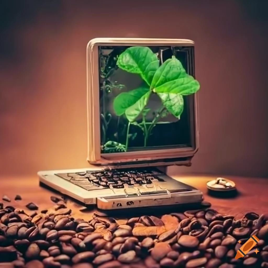 Worn computer with plants growing out of it and coffee beans spread ...