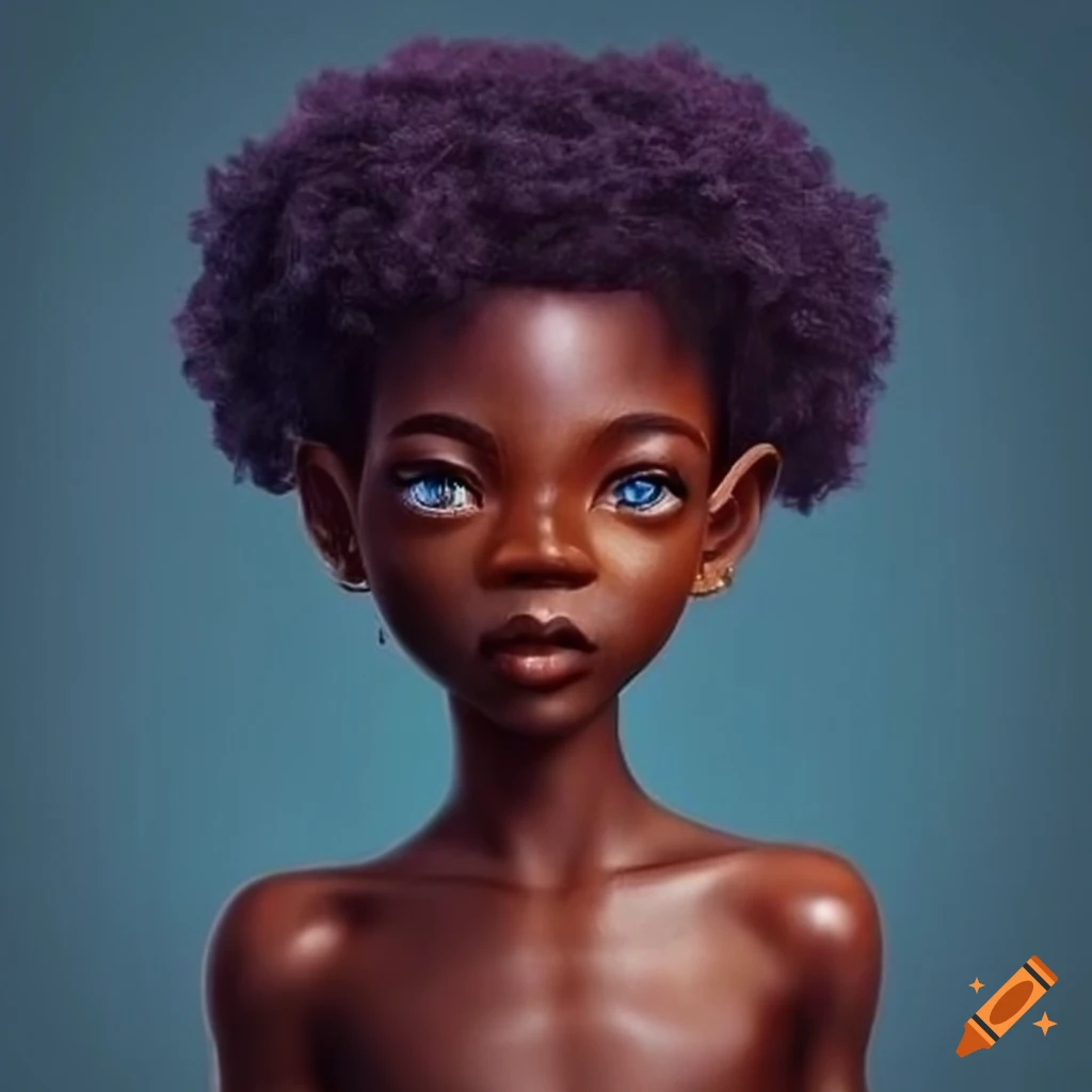 Small pixie, dark skin, art nouveau, city street, complementary colors ...