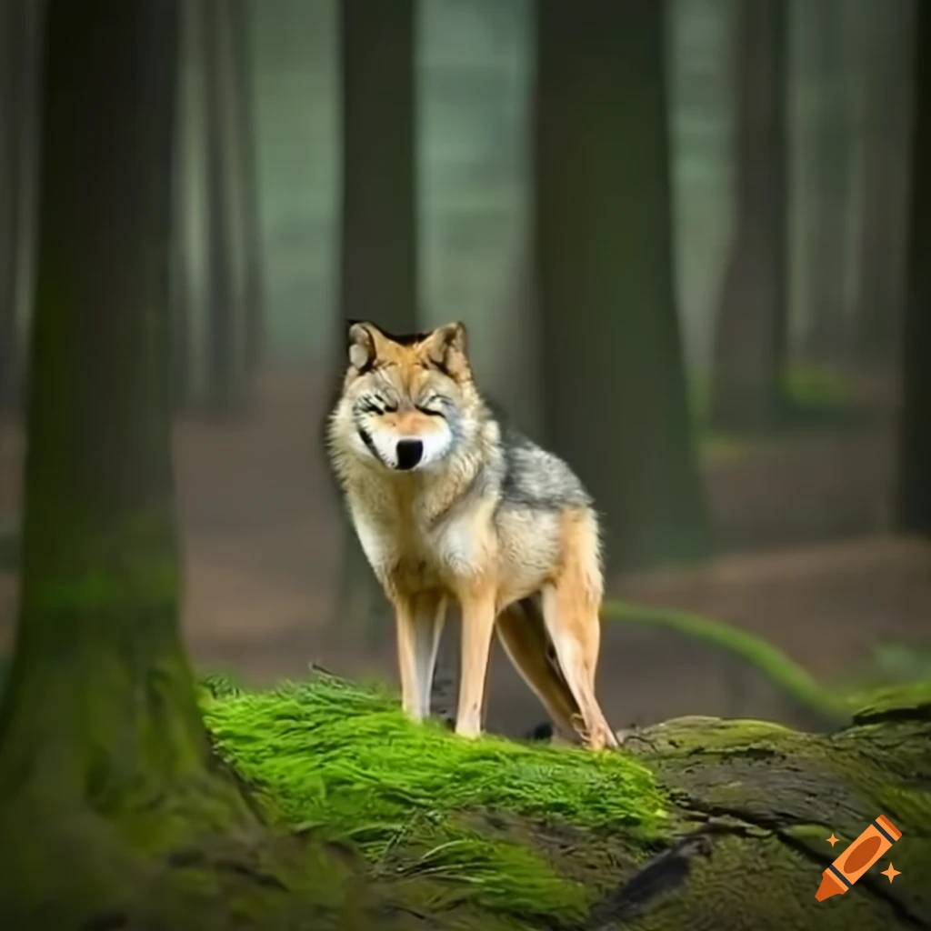 Blonde wolf in a moist forest