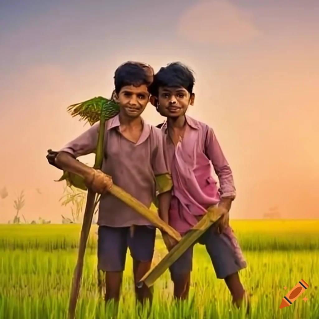 Indian twin brothers on agriculture farm doing agricultural work