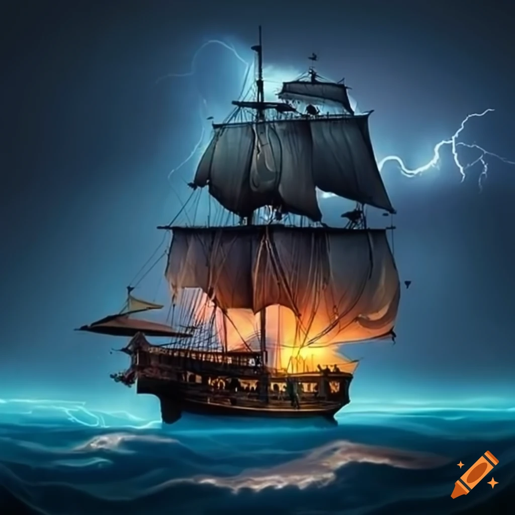 Pirate ship in the ocean at night with lightning