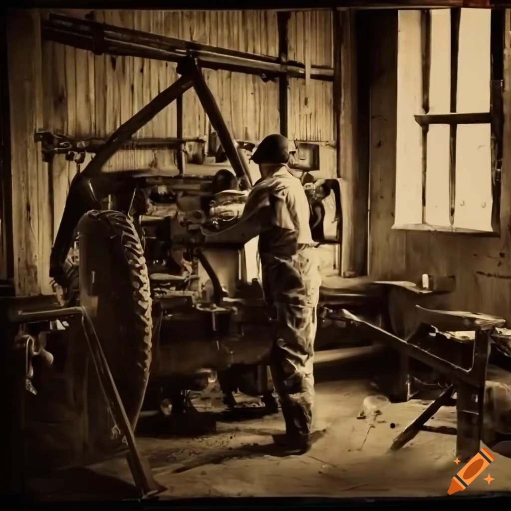 Back view of a mechanic working on machines in a vintage farm room