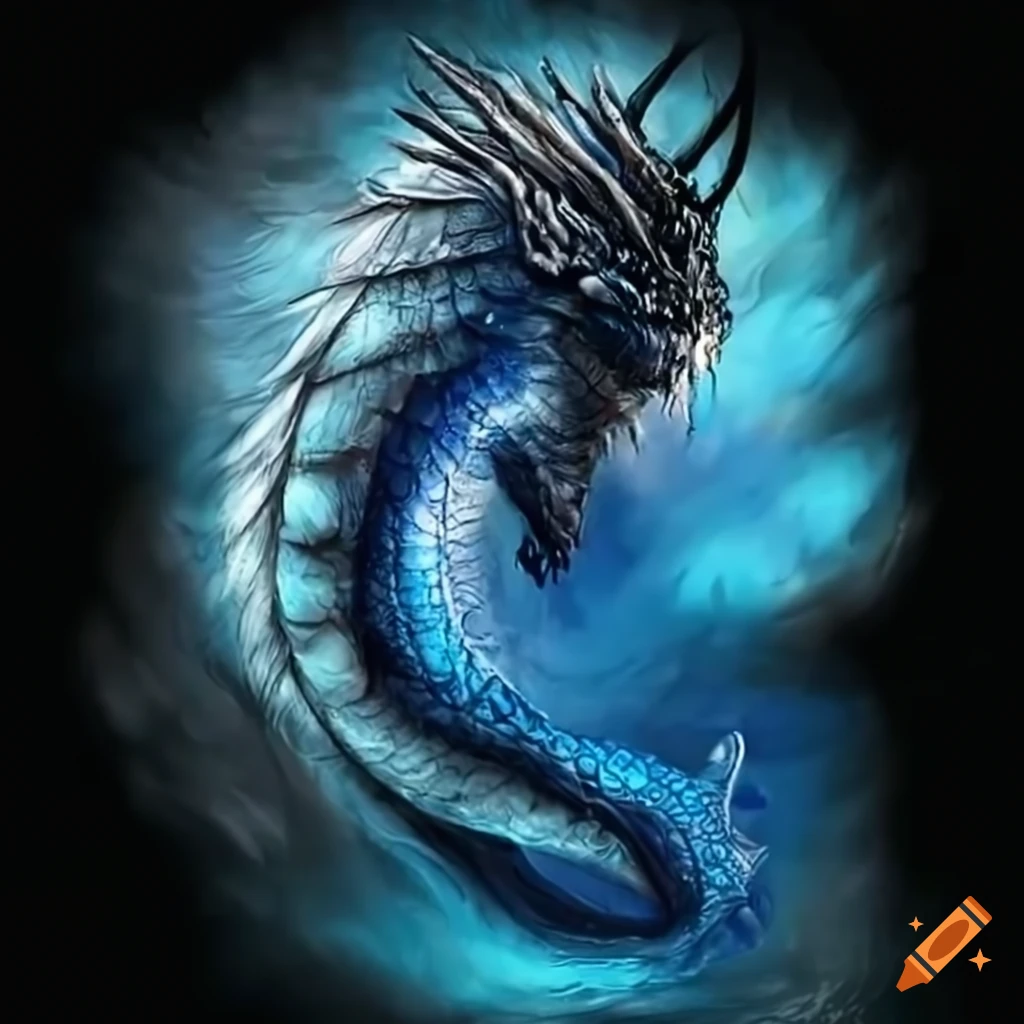 A fantasy underwater dragon with a blue scaly body and white fur
