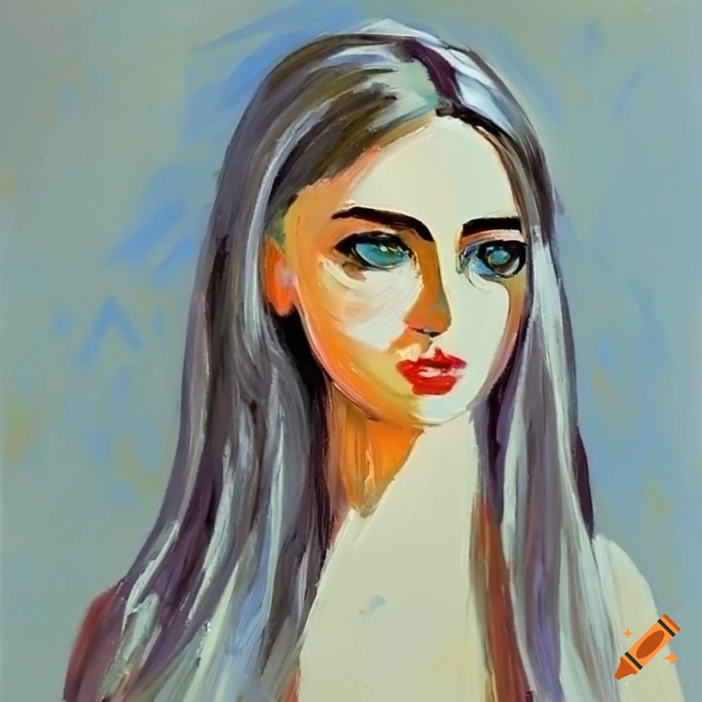 Beautiful girl with long grey-brown hair and thin brows and green eyes ...