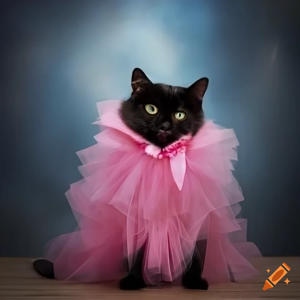 Fluffy black cat wearing a pink tutu with a dreamy background