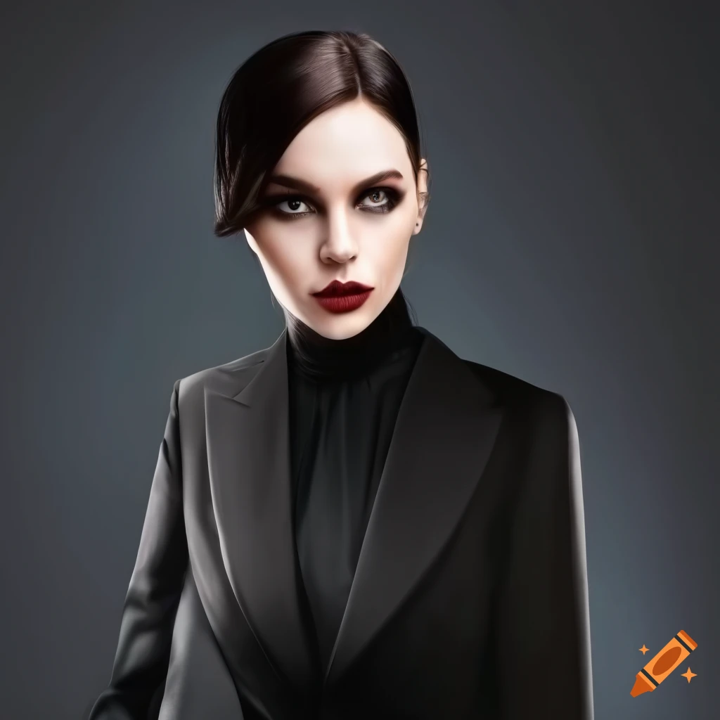 Classy elegant young woman dark haired with beautiful realistic green ...