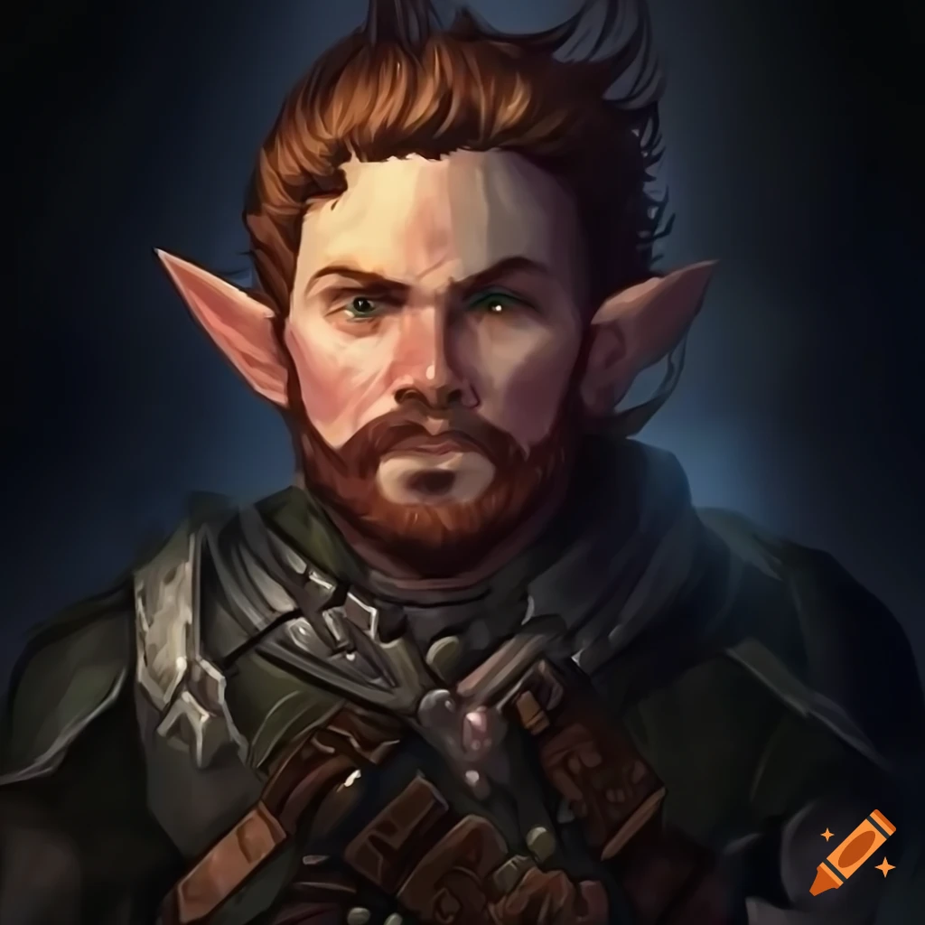 A young male gnome with brown hair and a short beard in a forest ...