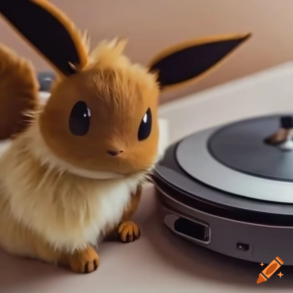 Eevee sitting next to a record player on a desk, noon, high quality on ...