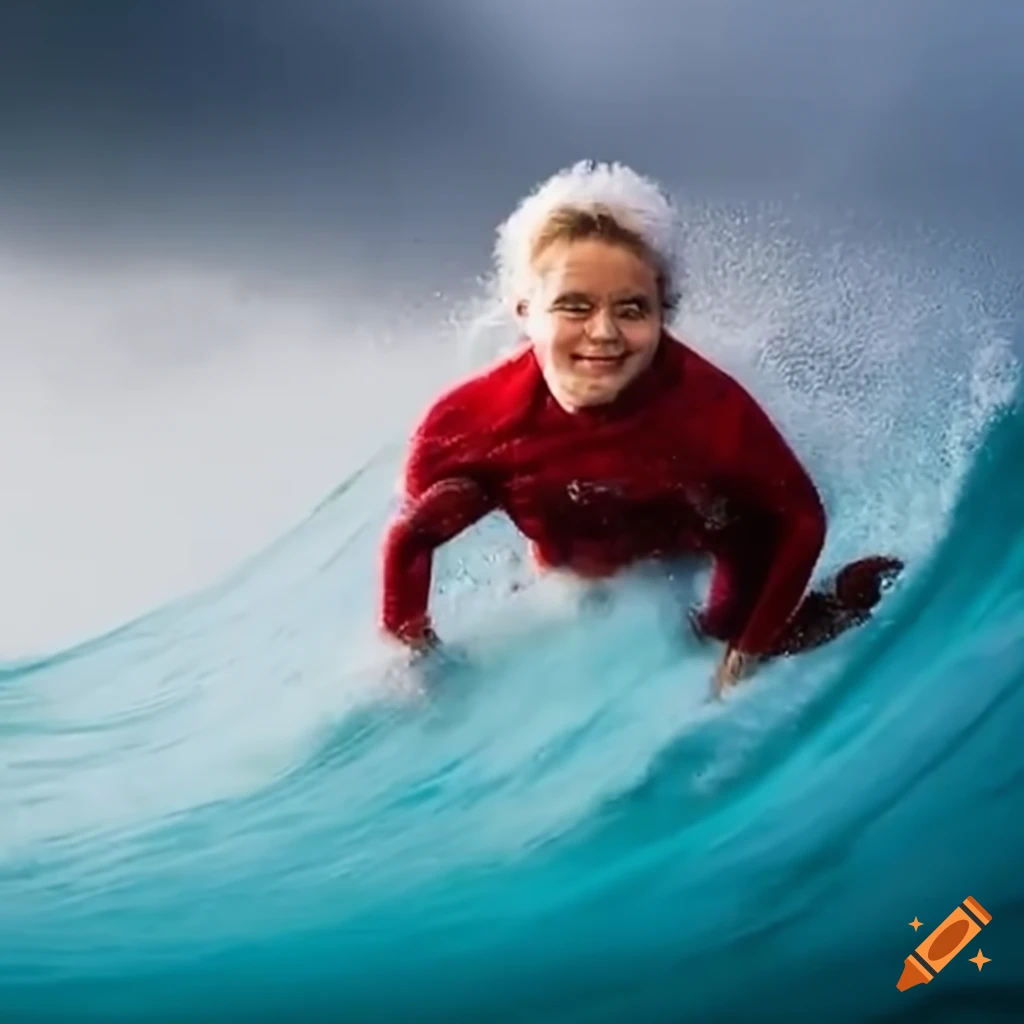 Santa riding a huge wave on a surfboard on Craiyon
