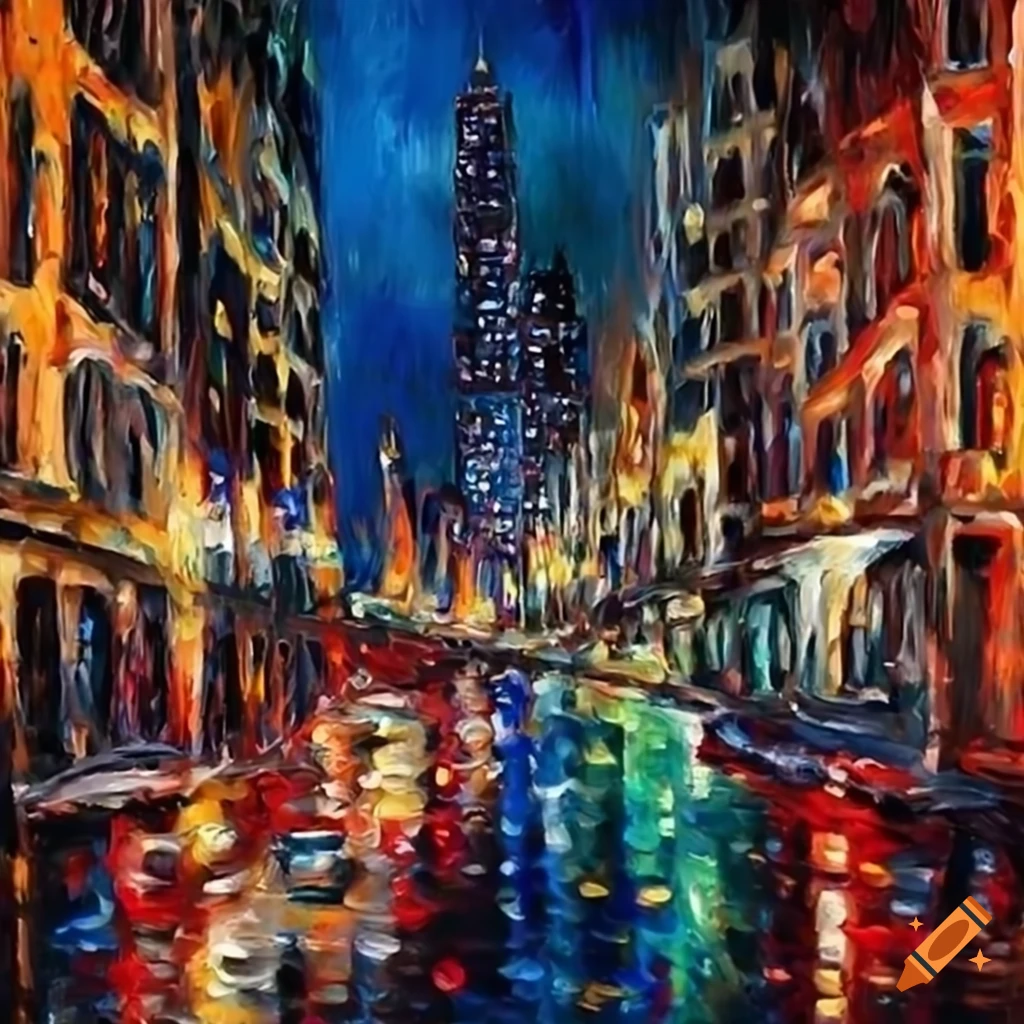 Oil paint city with buildings and traffic