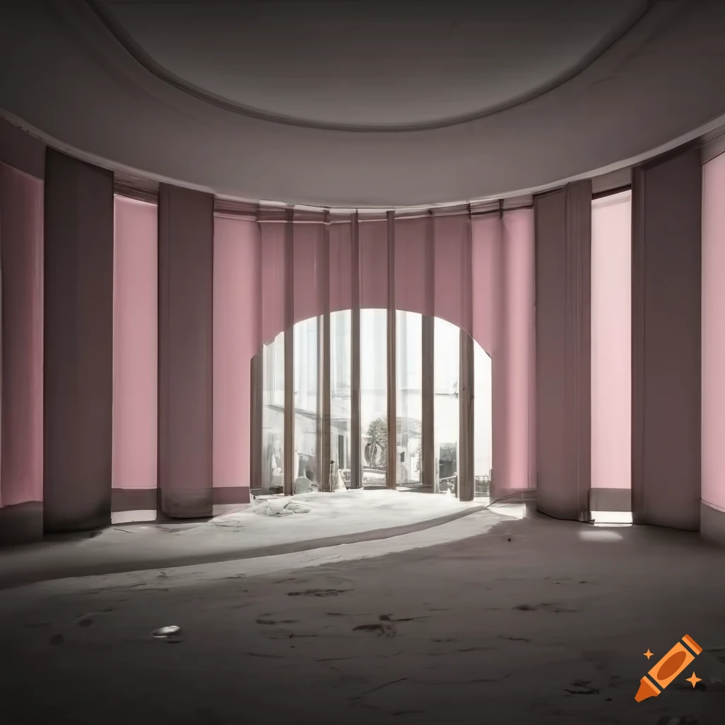 Abandoned curved white modern lobby with tattered pale pink curtains ...