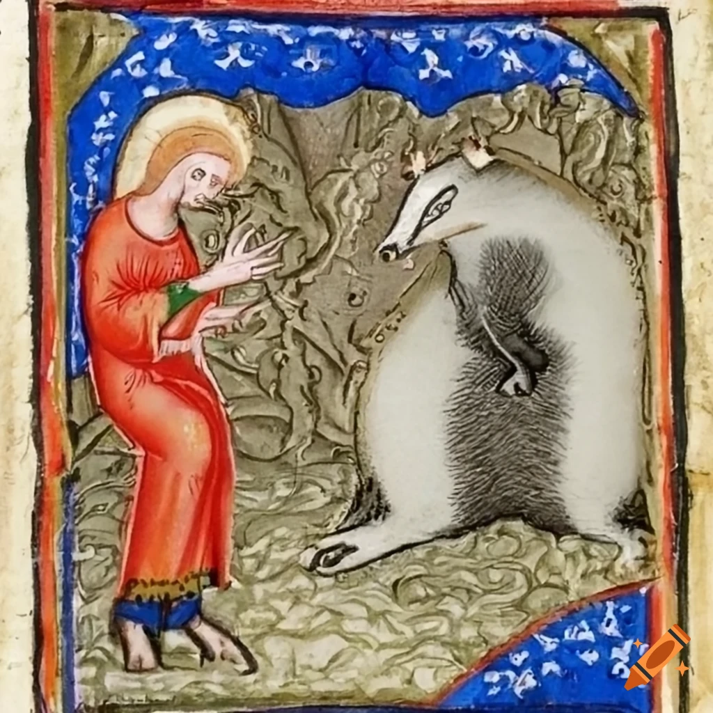 Badger in religious rapture in the style of medieval illustrated manuscript