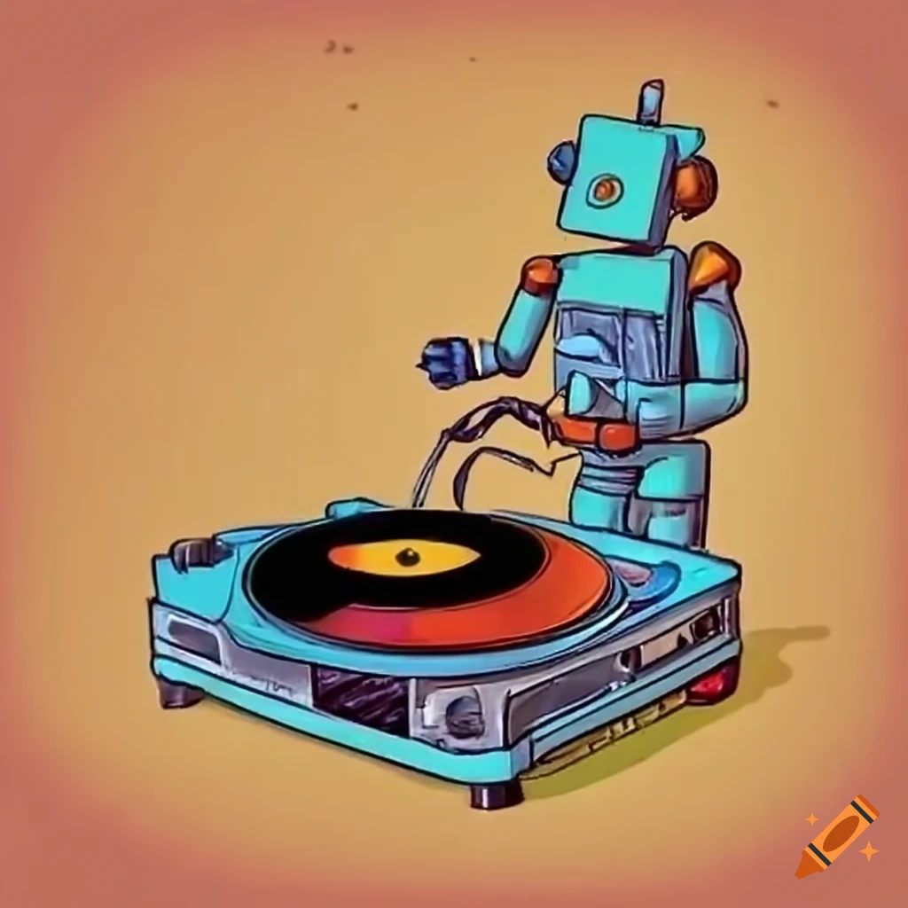 A retro robot carefully repairing a turntable on Craiyon