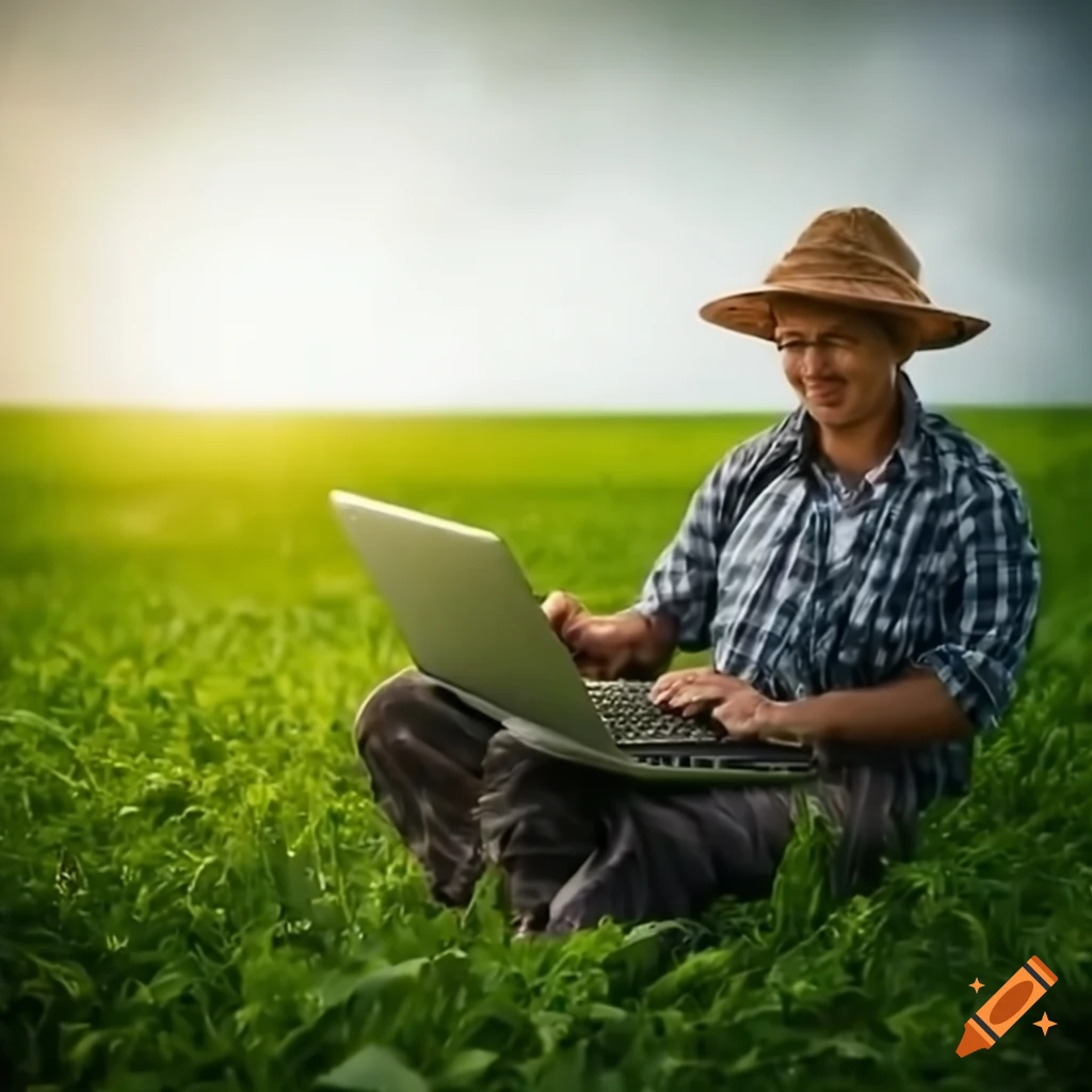 A farmer using laptop in a green farm field