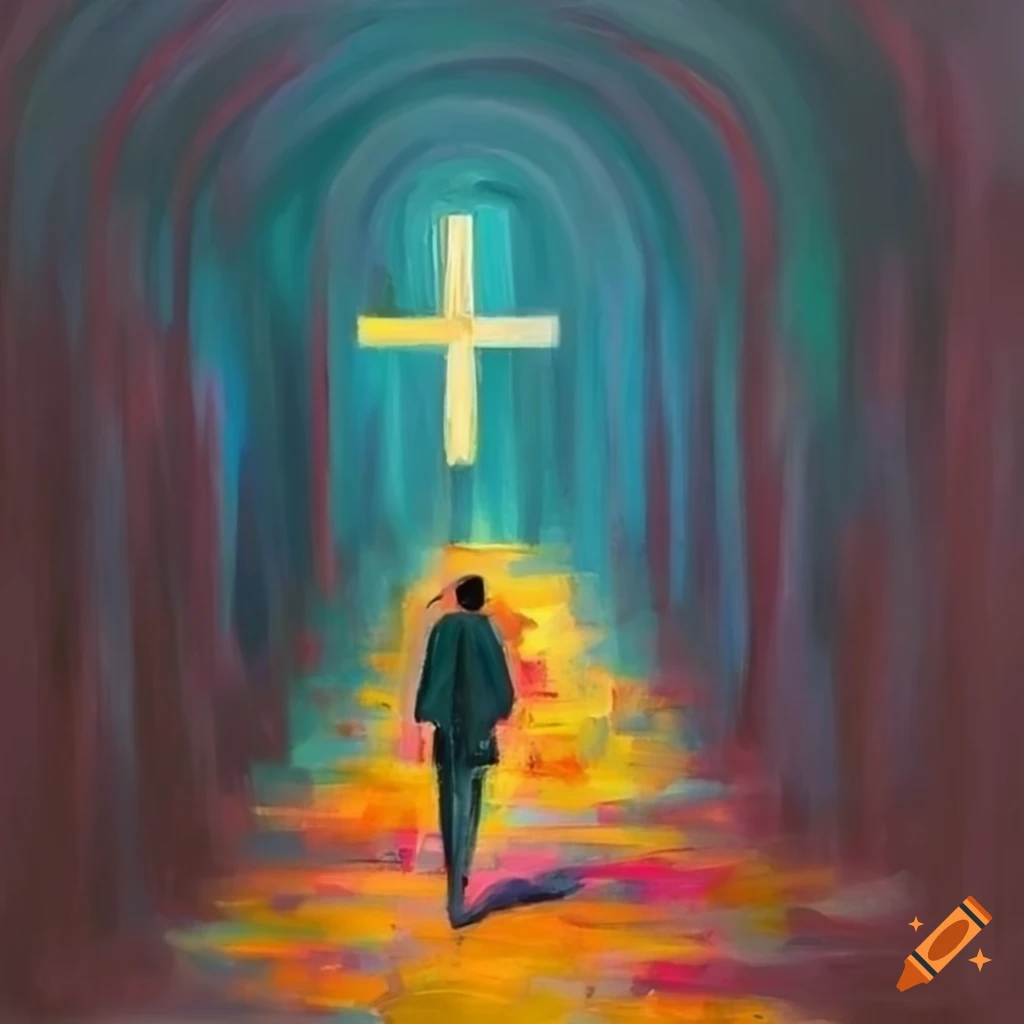 Abstract painting of a person walking towards a bright cross on Craiyon