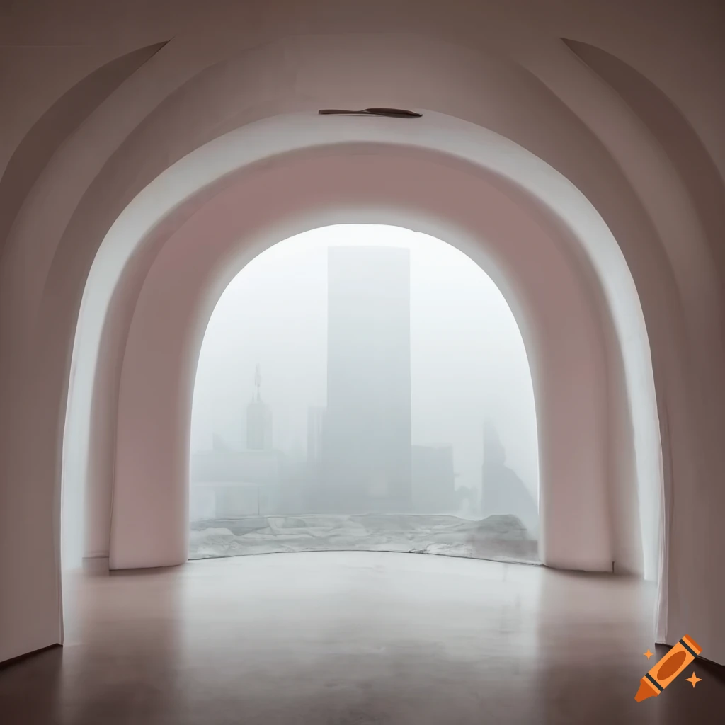 Abandoned curved white modern lobby with tattered pale pink curtains ...