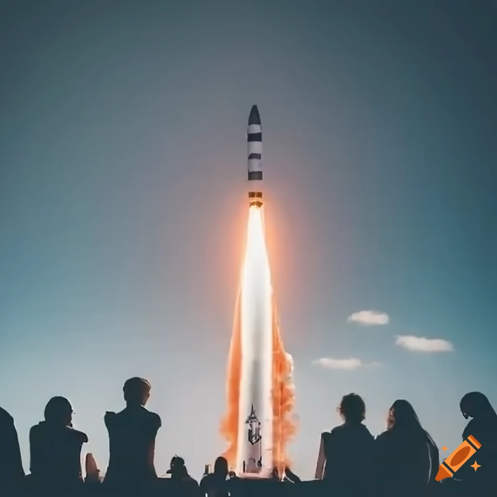 Group of people watching from distance a rocket launch towards sky on ...