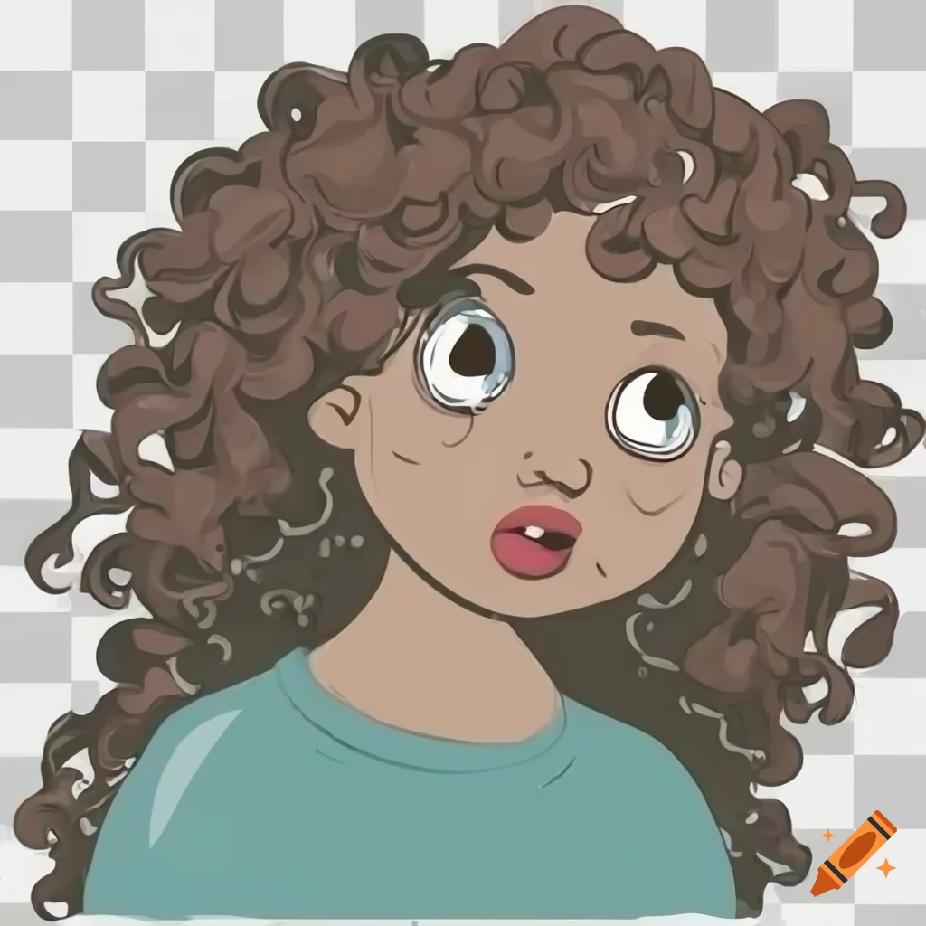 A thoughtful girl with curly brown hair speaking cartoon look 2d
