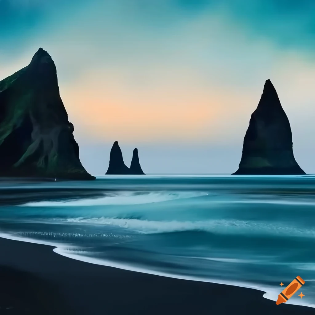 Reynisfjara beach poster in iceland featuring black sand and waves on ...