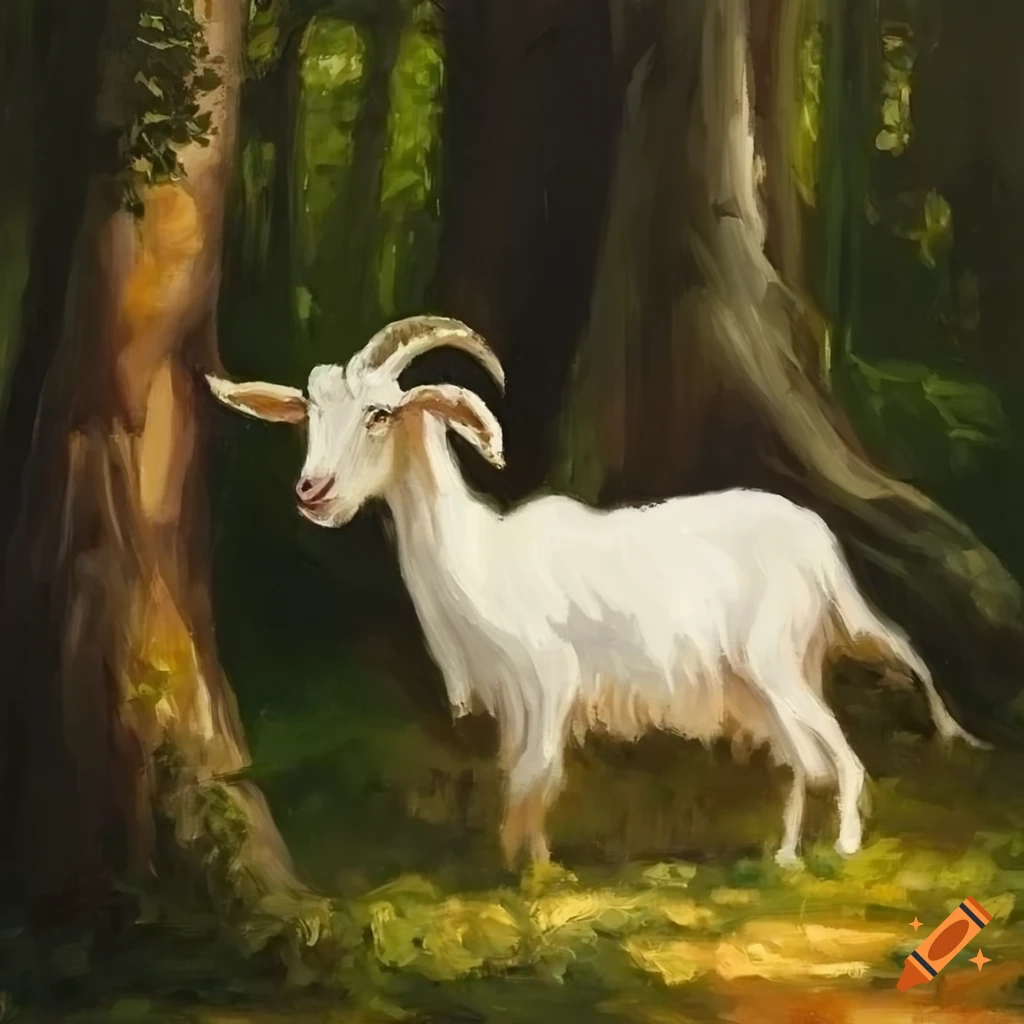 Oil painting of a white goat in a sun dappled forest
