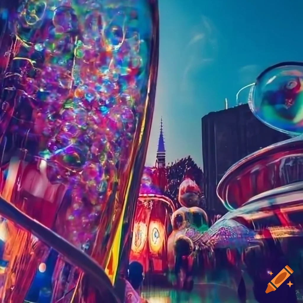 Visitors at a retro futuristic amusement park with colorful bubbles on ...