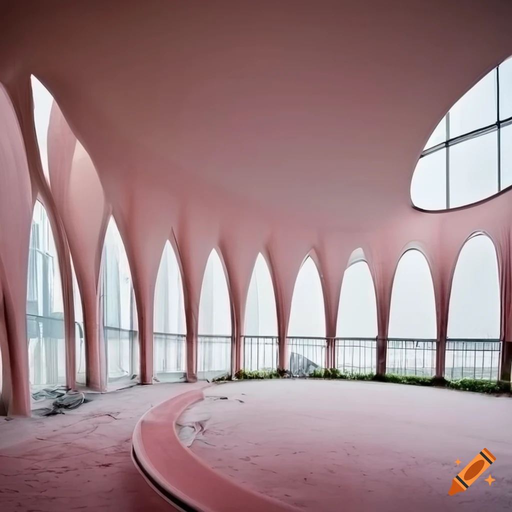 Abandoned curved white modern lobby with tattered pale pink curtains ...