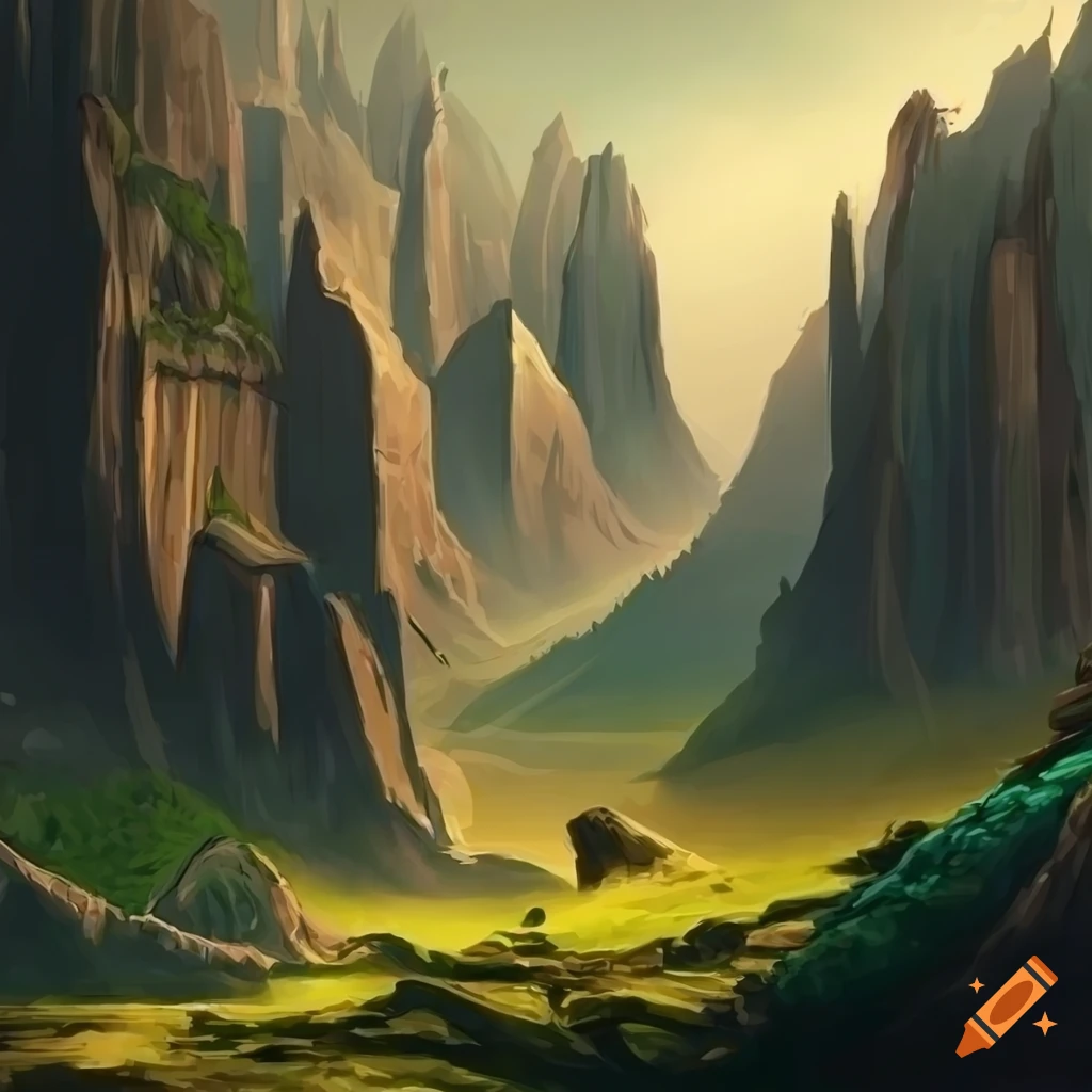 Fantasy art crag land trees cliff valley on Craiyon