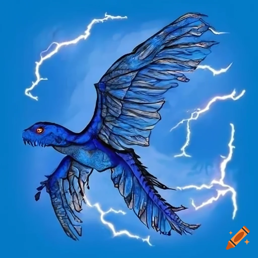 A blue flying dinosaur with sharp claws and lightning-patterned wings ...